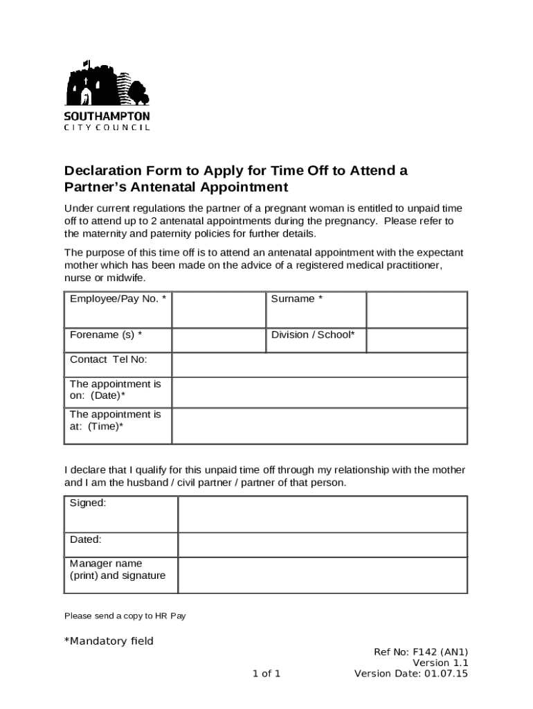 (F142) AN1 - Declaration to apply for time off to attend a partner's antenatal appointment Doc ...