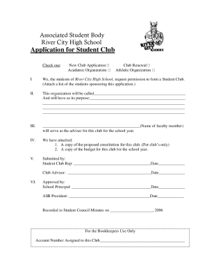 Fillable Online Application for Student Club - River City High School ...