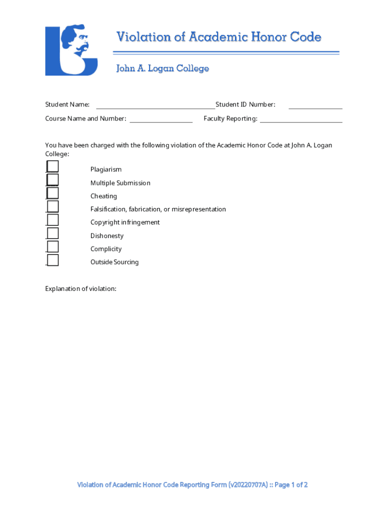 Fillable Online Violation of Academic Honor Code - John A. Logan ...