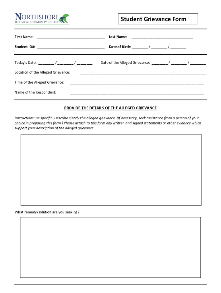 Fillable Online STUDENT COMPLAINT / GRIEVANCE FORM Fax Email Print ...