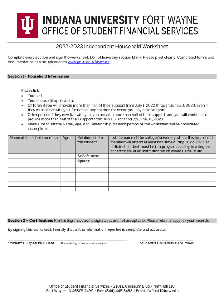 Fillable Online 2022-2023 Independent Household Worksheet - Indiana ...