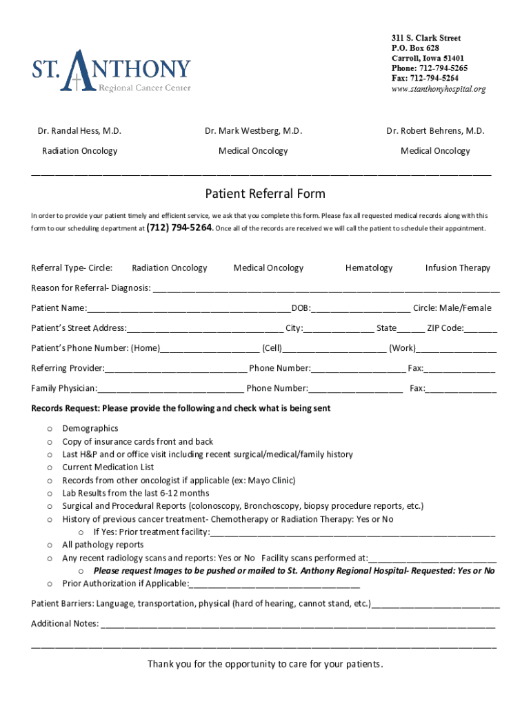 Fillable Online Patient Referral Form - St. Anthony Regional Hospital ...