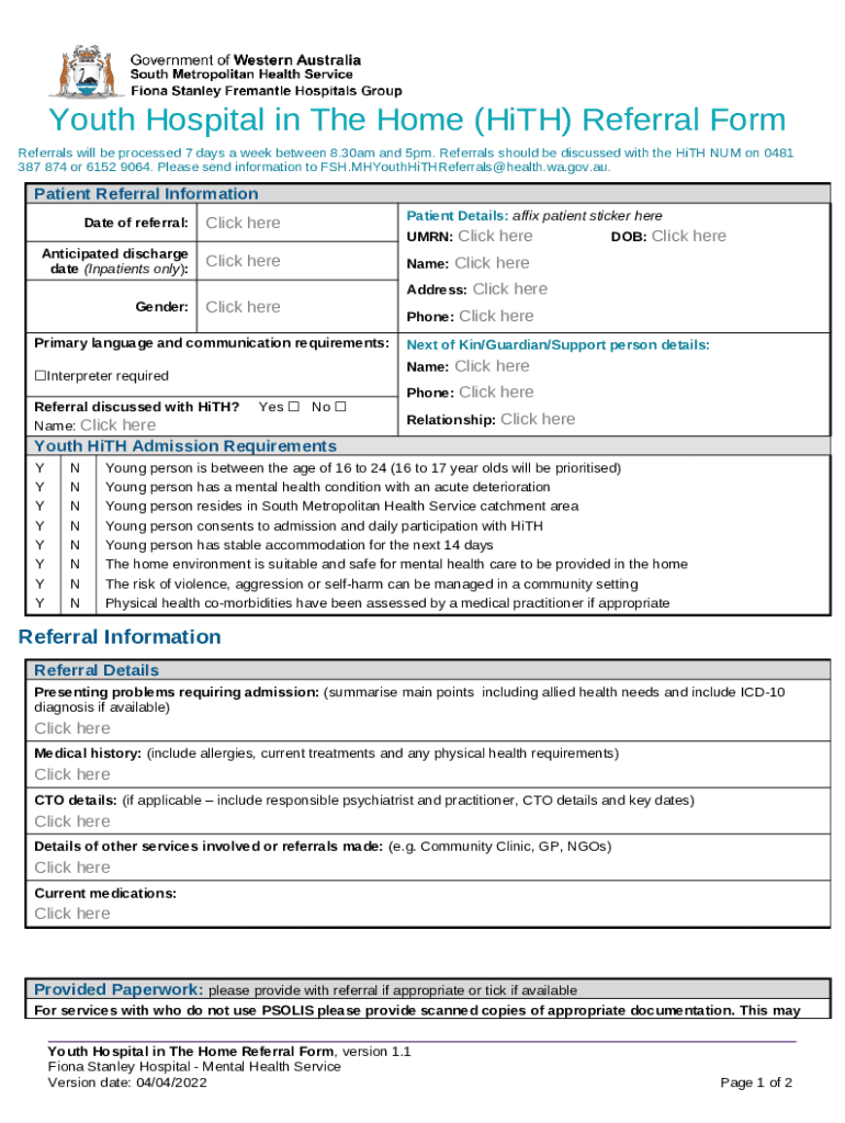 Youth Hospital in The Home (Y-HiTH) referral . for referring patients ...