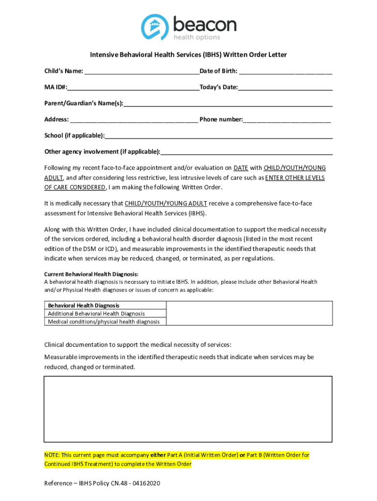 Fillable Online Intensive Behavioral Health Services (IBHS) Written ...