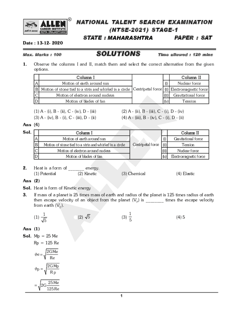 Fillable Online NTSE Previous Year Question Paper - Download Stage 1 ...