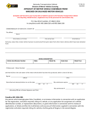 Fillable Online Affidavit of Motor Vehicle Assembled from Wrecked or ...