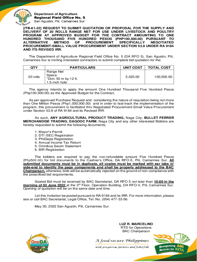 Fillable Online bicol da gov ITB-68-22 REQUEST TO SUBMIT QUOTATION OR ... - DA-Bicol Fax Email ...