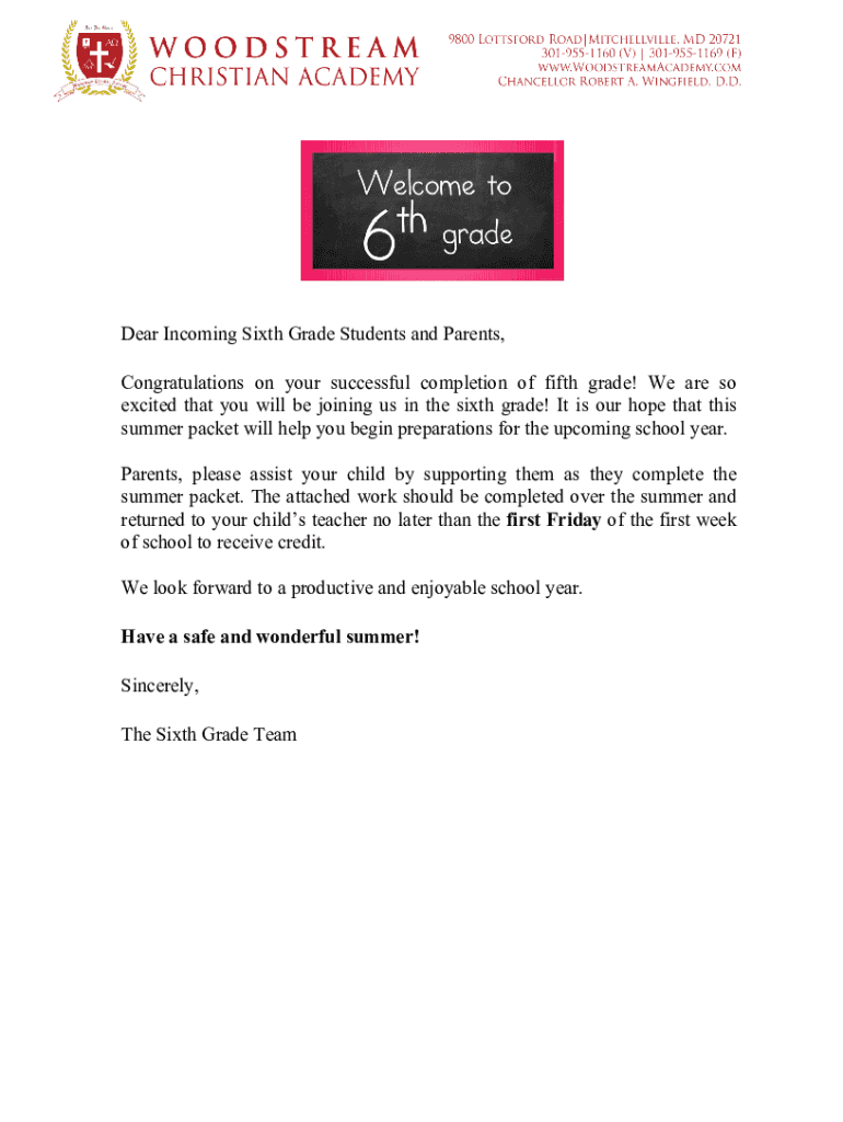 Fillable Online Dear Incoming Sixth Grade Students and Parents ...