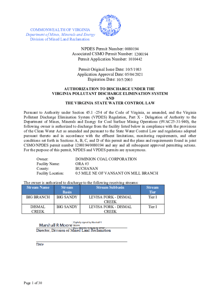 Fillable Online NPDES Permit Number: 0080194 Associated CSMO Permit ...