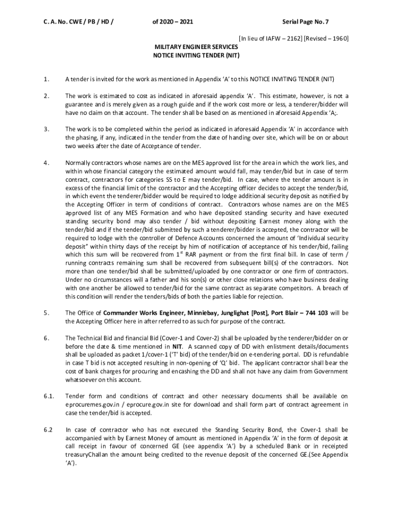 Fillable Online A tender is invited for the work as mentioned in ...