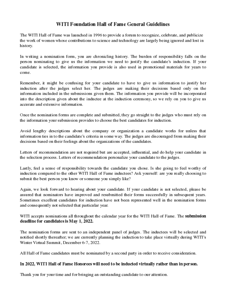 Fillable Online WITI 2022 HOF nomination form 2 Fax Email Print - pdfFiller