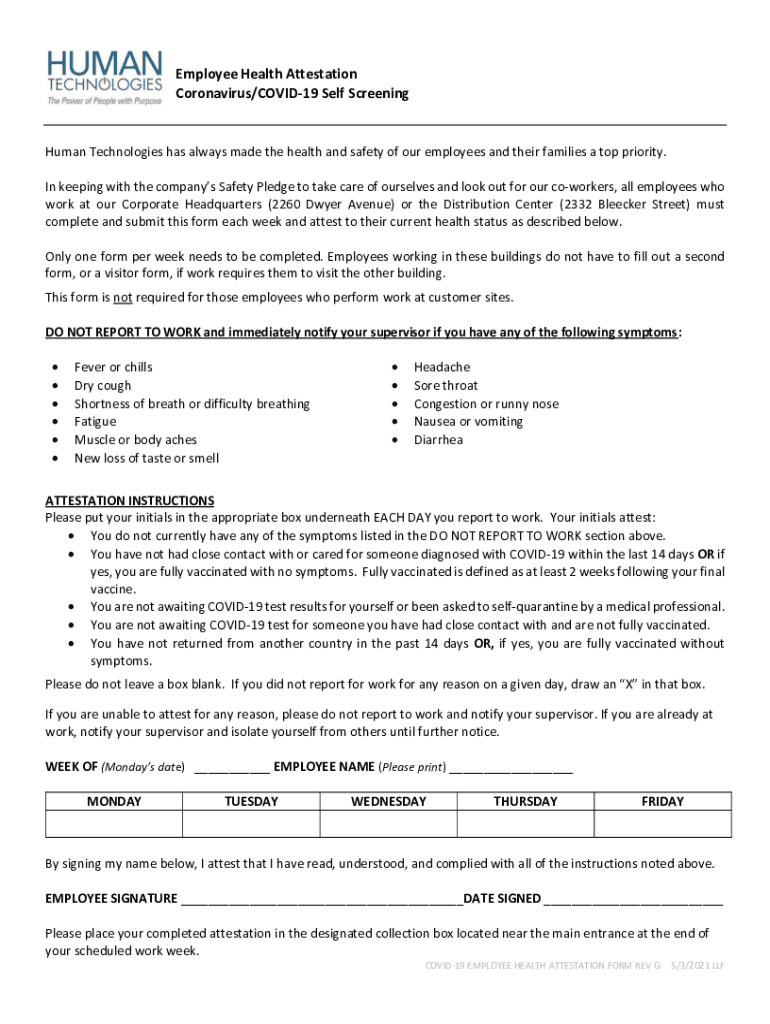 Fillable Online Employee Health Attestation Coronavirus/COVID-19 Self ...