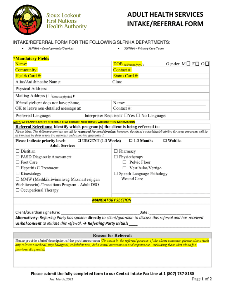 Fillable Online Adult Health Services Intake/Referral FormSLFNHA Fax ...