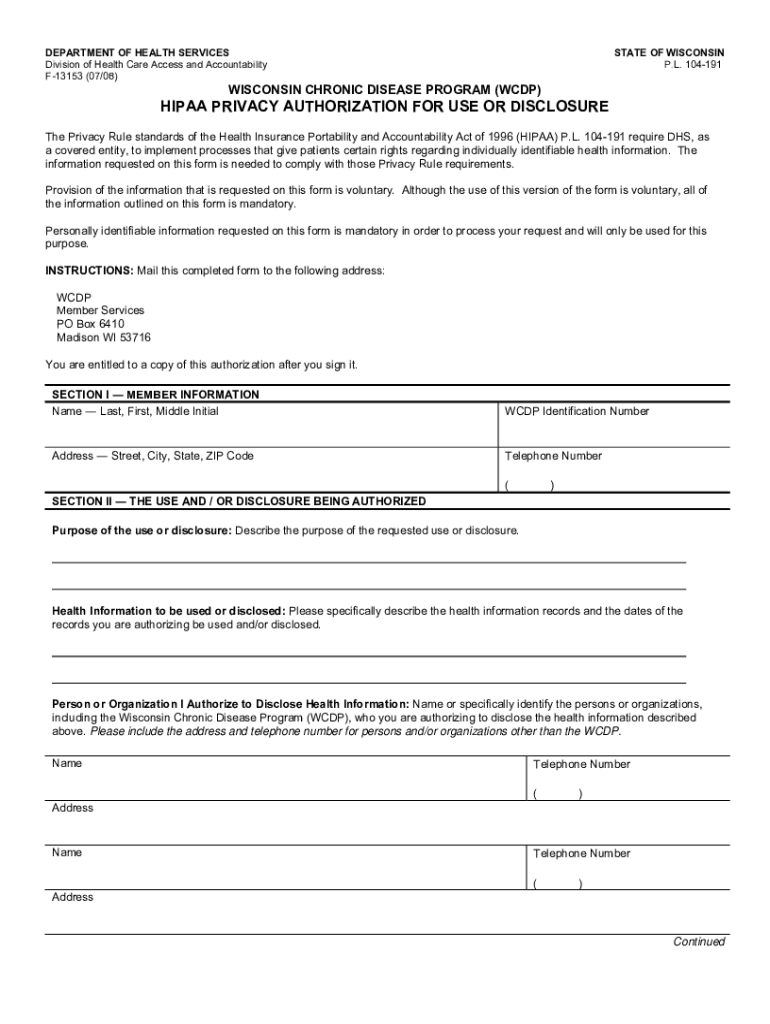 Fillable Online Wisconsin Chronic Disease Program (WCDP) HIPAA Privacy Authorization for Use or ...