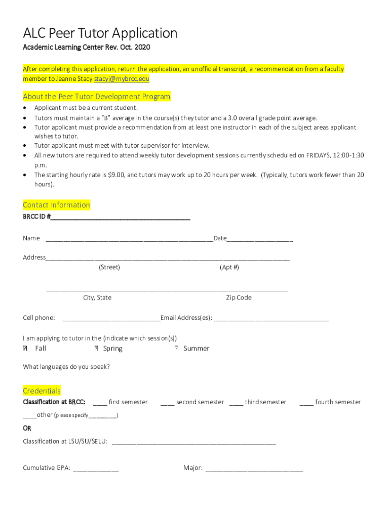 Fillable Online ALC Peer Tutor Application Fax Email Print - pdfFiller