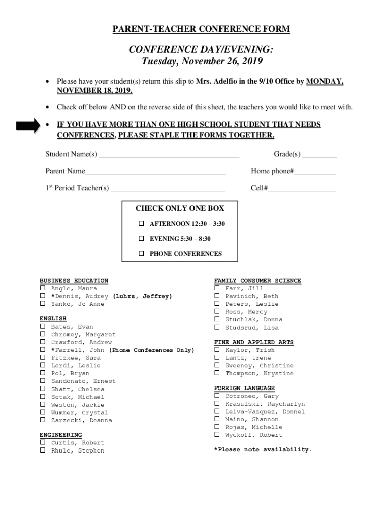Fillable Online pa01001022 schoolwires PARENT-TEACHER CONFERENCE FORM ...
