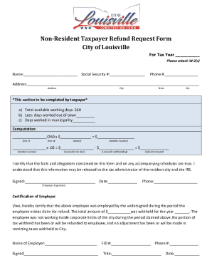 Fillable Online Non-Resident Taxpayer Refund Request Form City of ...