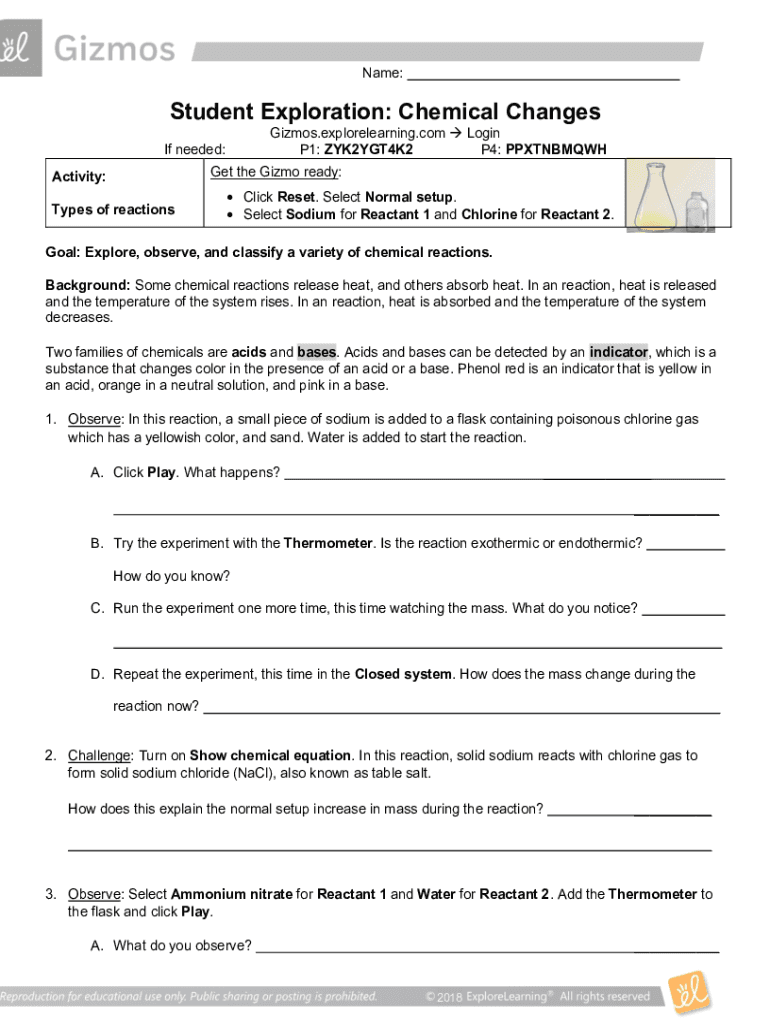 Fillable Online Chemical Changes Student Exploration Sheet (1).pdf ...