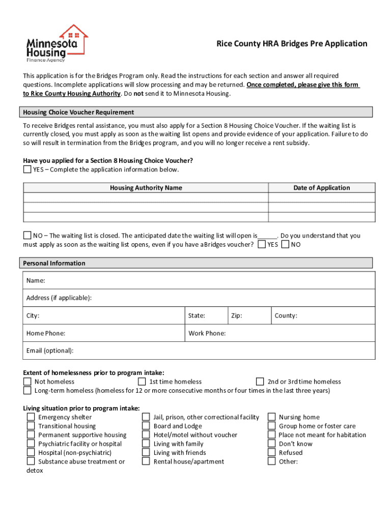 Fillable Online Rice County HRA Bridges Pre Application Fax Email Print ...