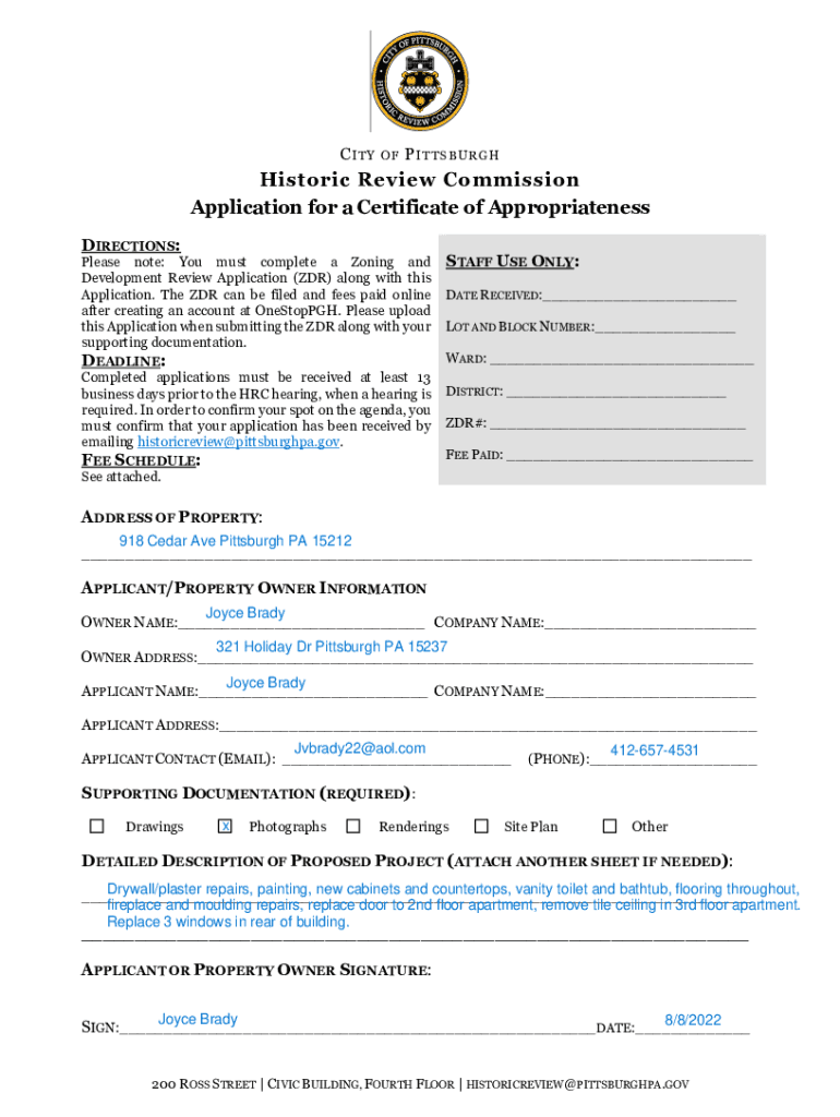 Fillable Online apps pittsburghpa Certificate of Appropriateness Application - City of Camden ...