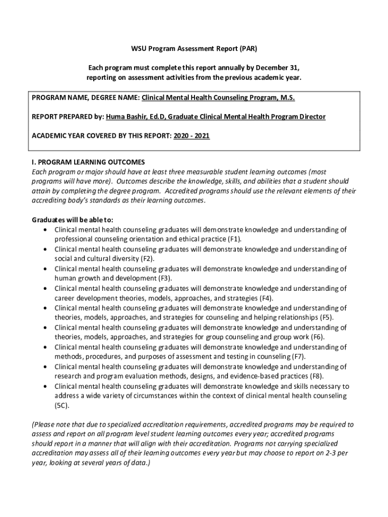Fillable Online Annual Program Assessment Report Optional Planning ...