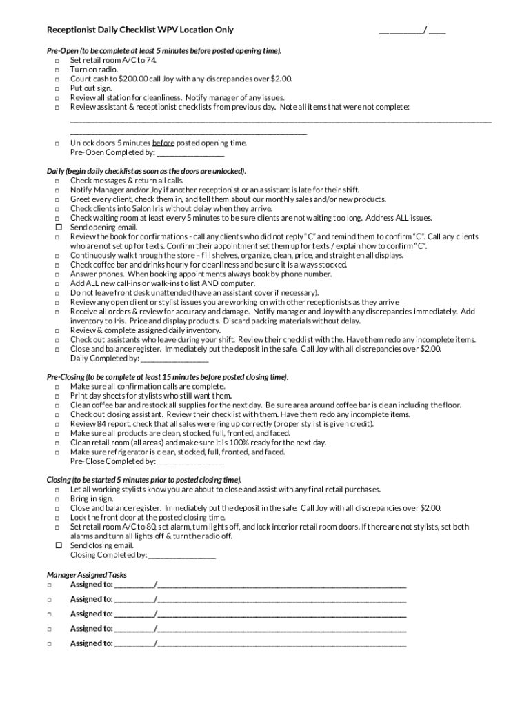 Fillable Online Receptionist Daily Checklist Wpv Location Only Fax 
