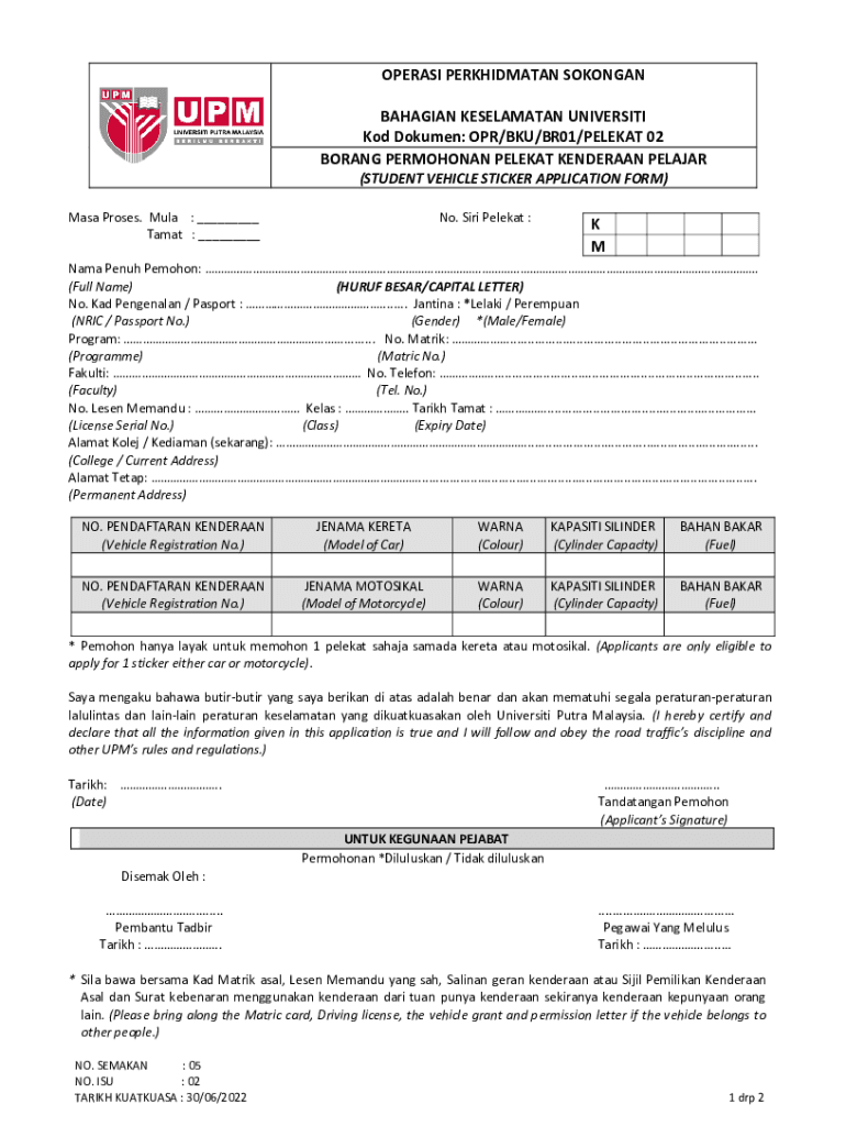 Fillable Online bku upm edu (STUDENT VEHICLE STICKER APPLICATION FORM ...