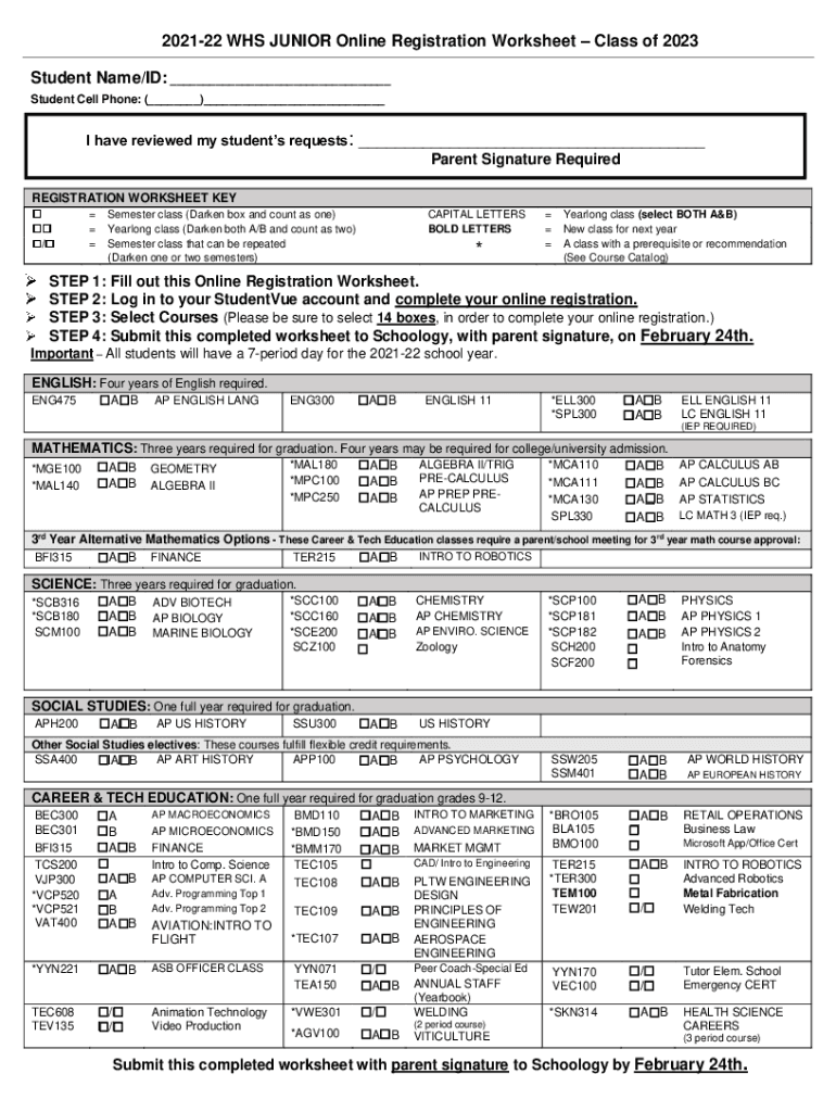 Fillable Online 2021-22 WHS JUNIOR Online Registration Worksheet Class ...