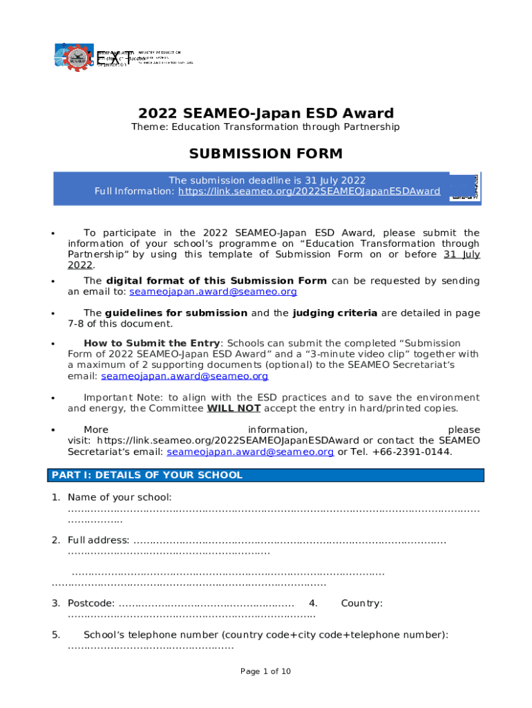 2022 SEAMEO-Japan ESD Award SUBMISSION Doc Template | pdfFiller