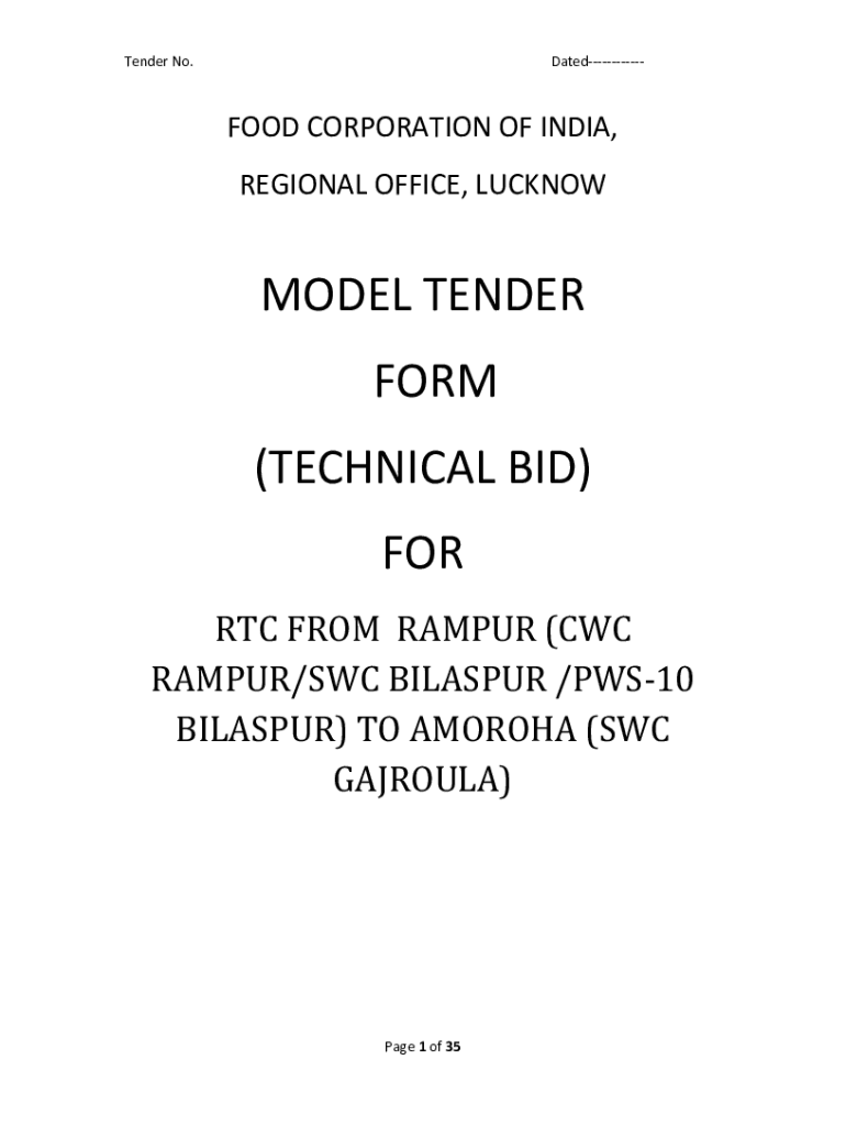 Fillable Online fci gov MODEL TENDER FORM (TECHNICAL BID) FOR Fax Email ...