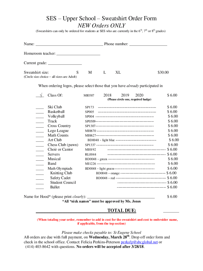 Fillable Online SESUpper SchoolSweatshirt Order Form - Squarespace Fax Email Print - pdfFiller