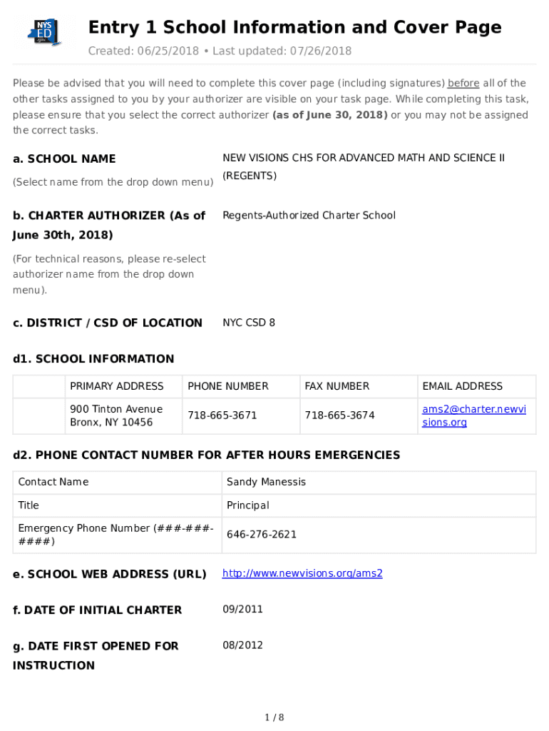 Fillable Online Entry 1 School Information and Cover Page - New Visions for Public ... Fax Email ...