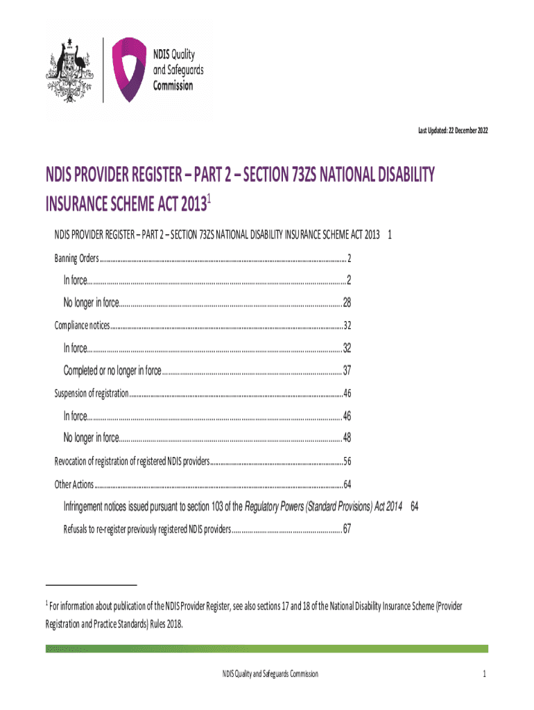 Fillable Online NDIS PROVIDER REGISTER PART 2 SECTION 73ZS NATIONAL ...