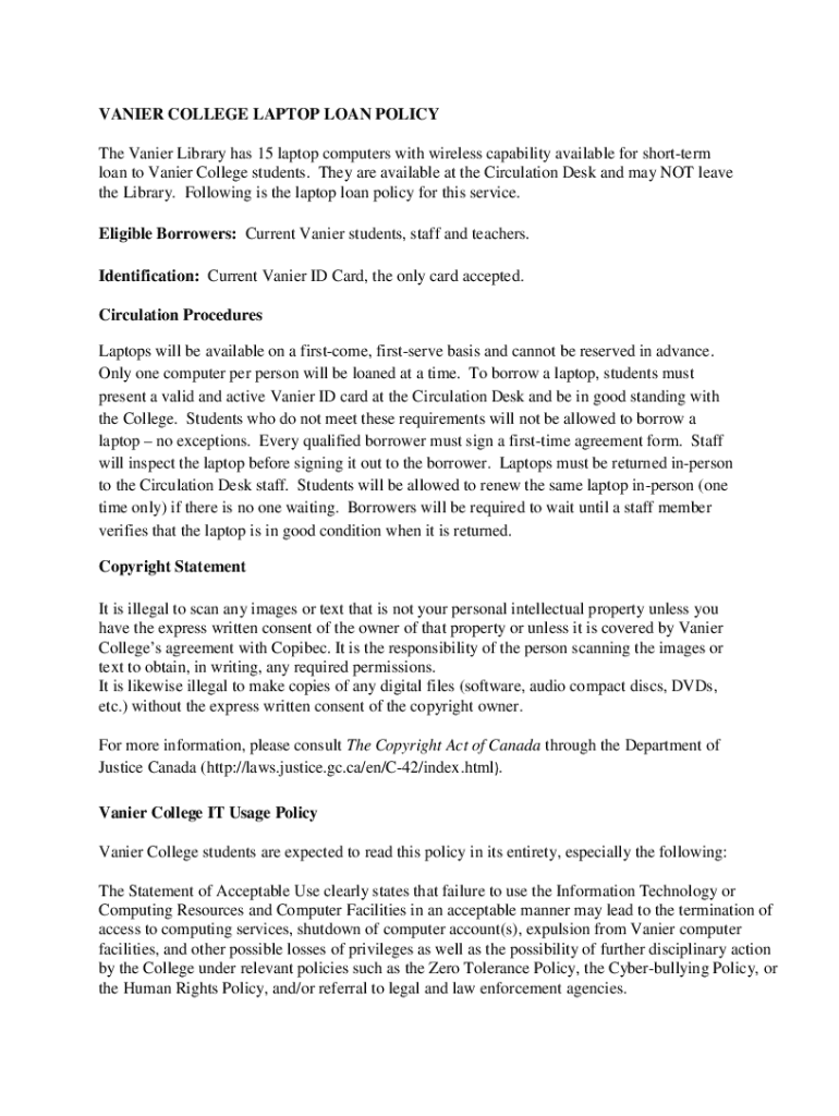 Fillable Online vanier college library laptop borrower agreement form ...