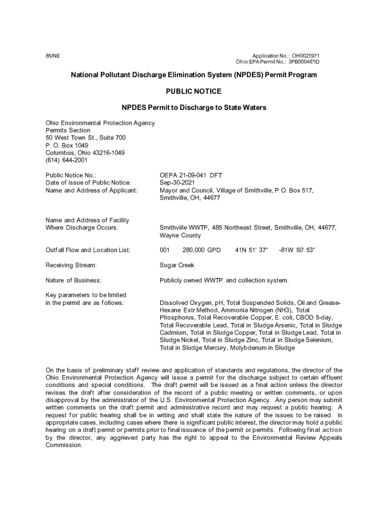 Fillable Online wwwapp epa ohio OH0131946 OEPA Permit No.: 1II00129*FD ...