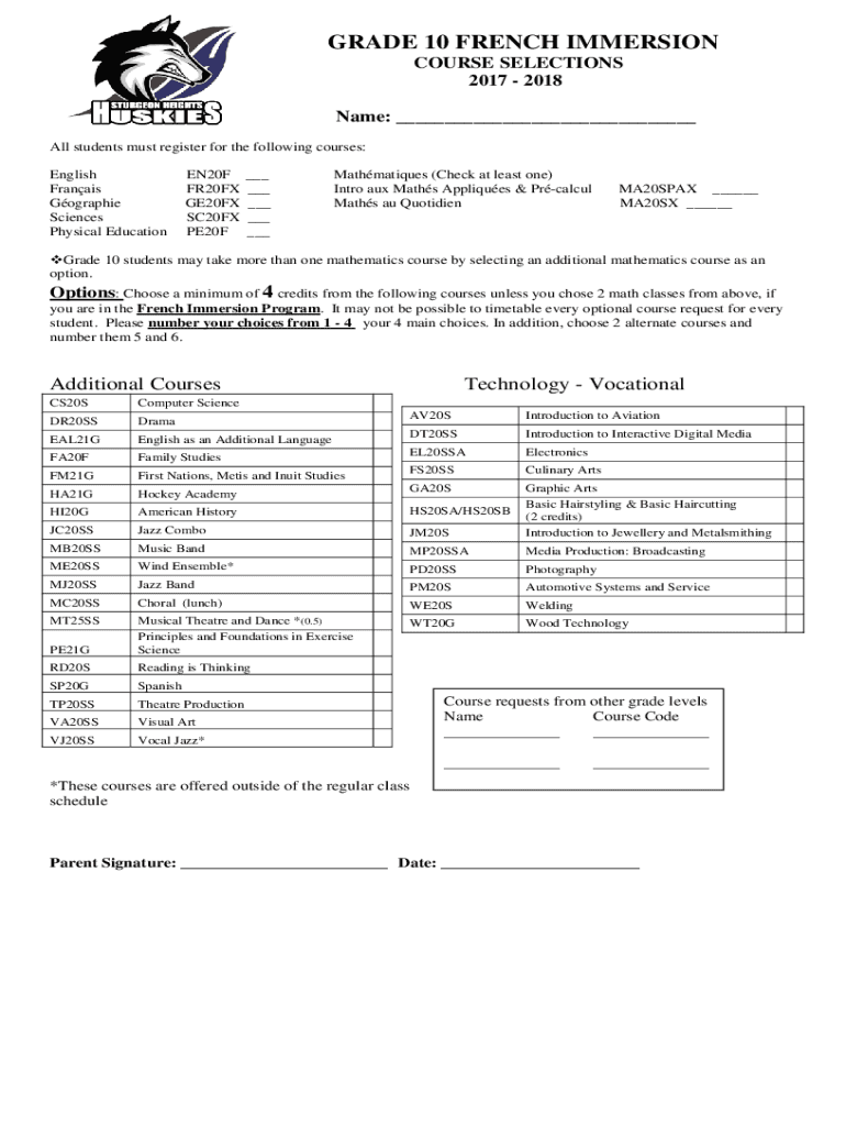 Fillable Online GRADE 10 FRENCH IMMERSION - COURSE SELECTIONS ... Fax ...