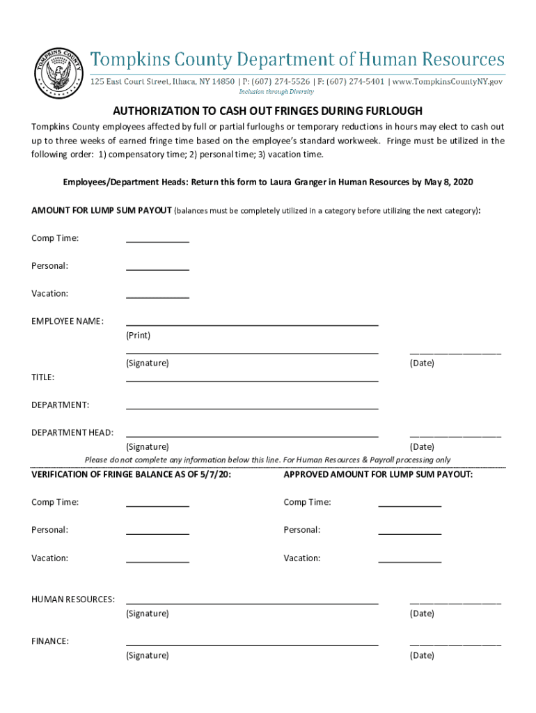 Fillable Online Authorization to Cash Out Fringe - Tompkins County Fax ...