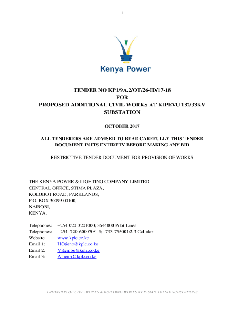 Fillable Online kplc co Tender Document for Construction of 132/33 KV Substation ... Fax Email ...