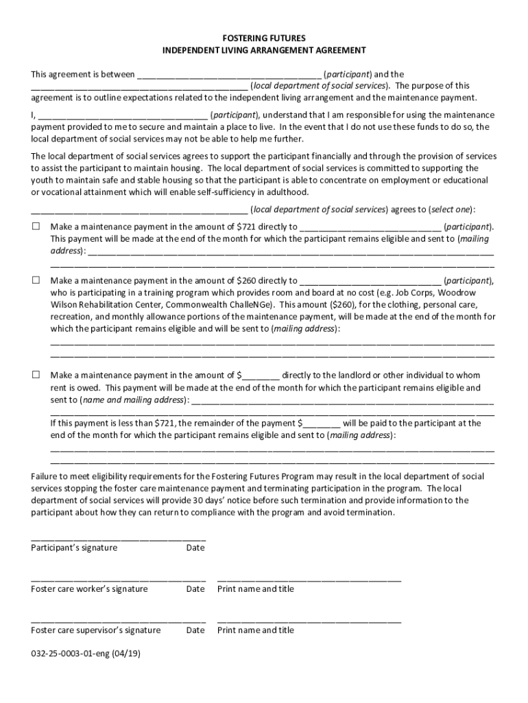 Fillable Online fostering futures independent living arrangement ...