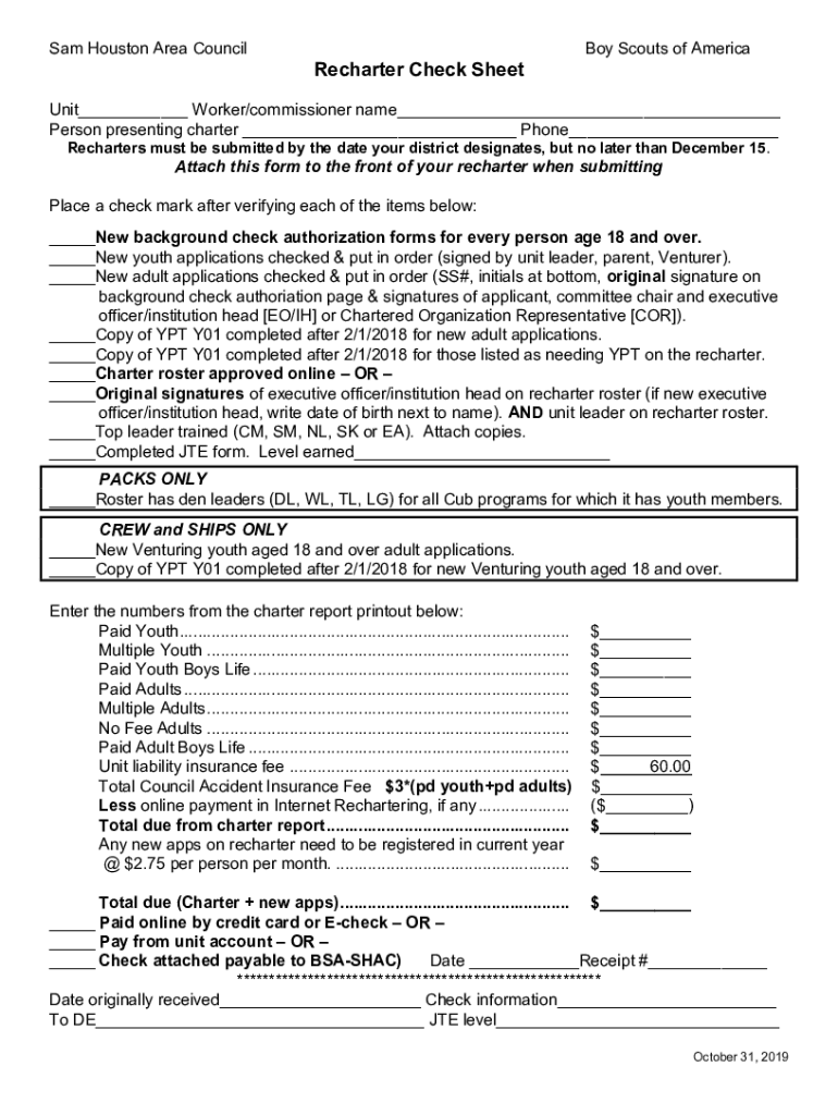Fillable Online RECHARTER CHECK SHEET - Sam Houston Area Council Fax ...