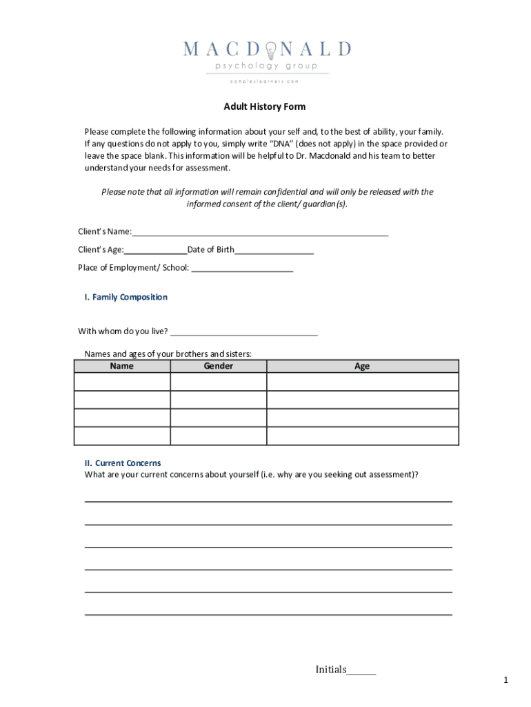 Fillable Online Adult Developmental History Form Fax Email Print ...