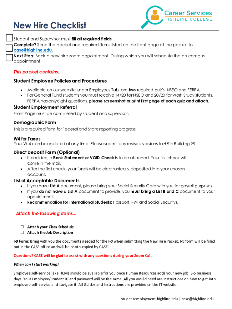 Fillable Online New Hire Checklist - Career and Student Employment at Highline ... Fax Email ...