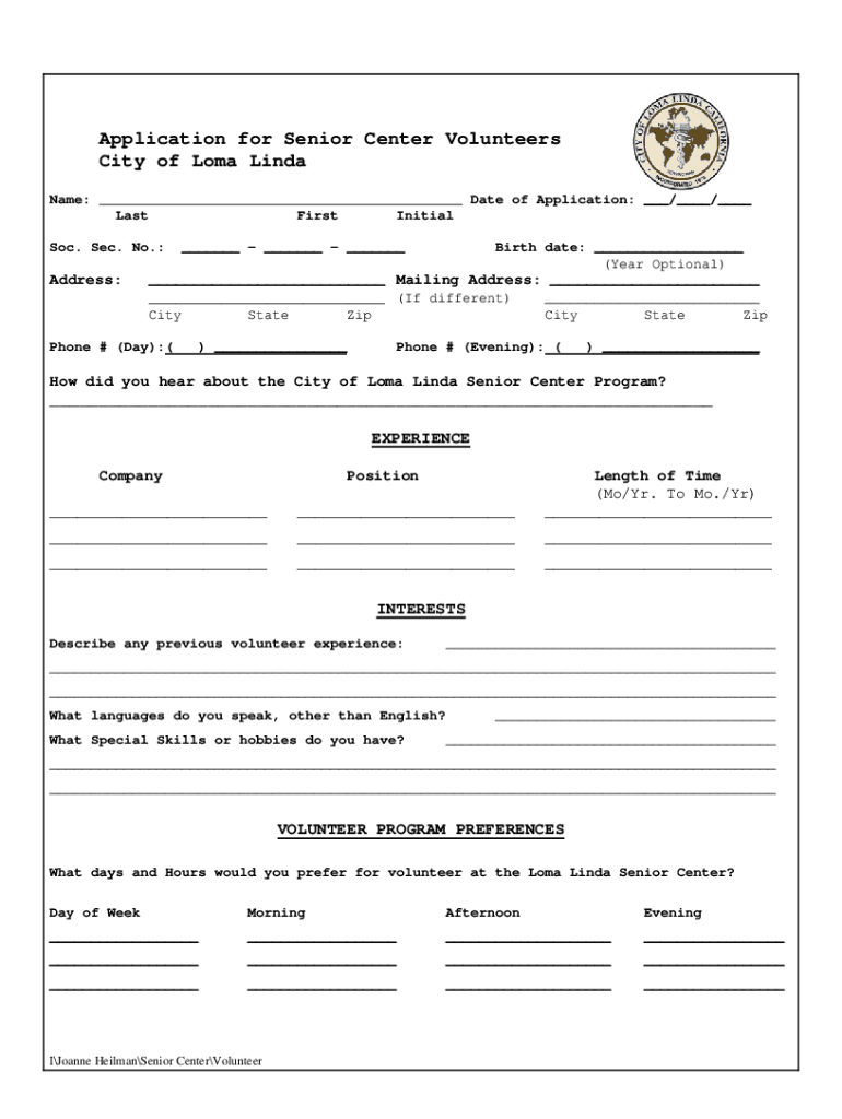 Fillable Online Application for Senior Center Volunteers City of Loma ...