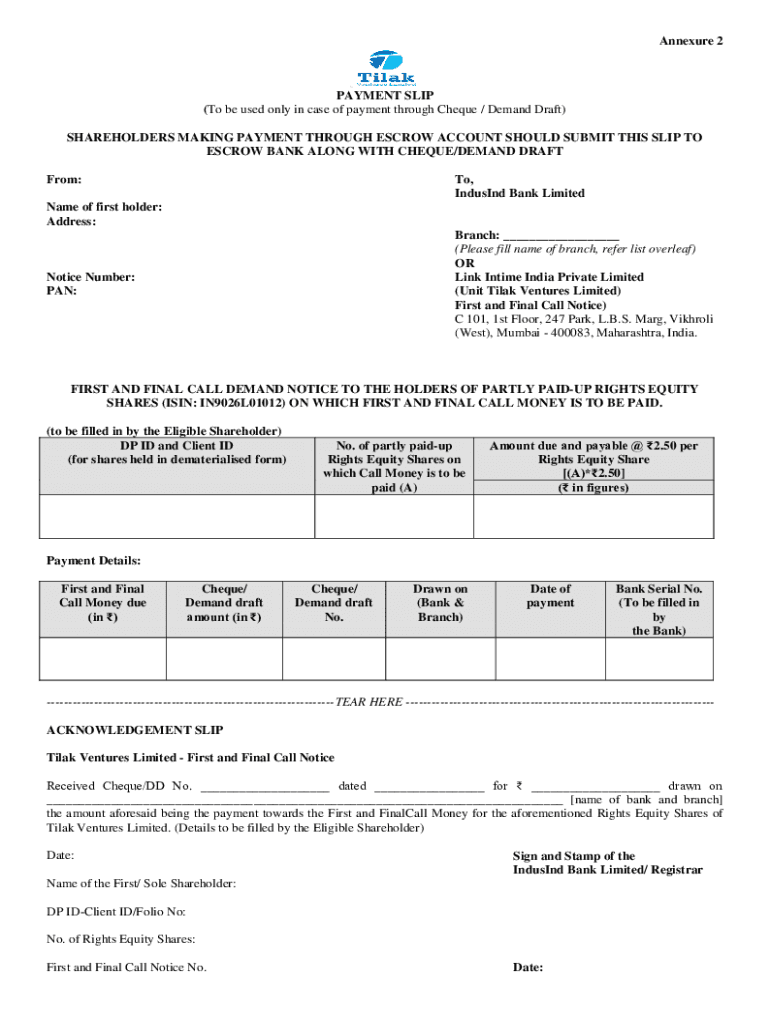 Fillable Online Annexure 2 PAYMENT SLIP (To be used only in case of payment ... Fax Email Print ...