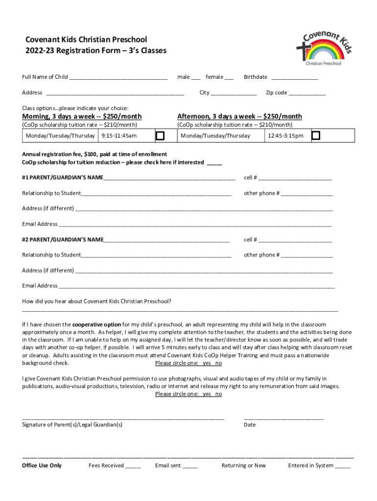 Fillable Online 2022-23 Registration Form 3s Classes Fax Email Print ...