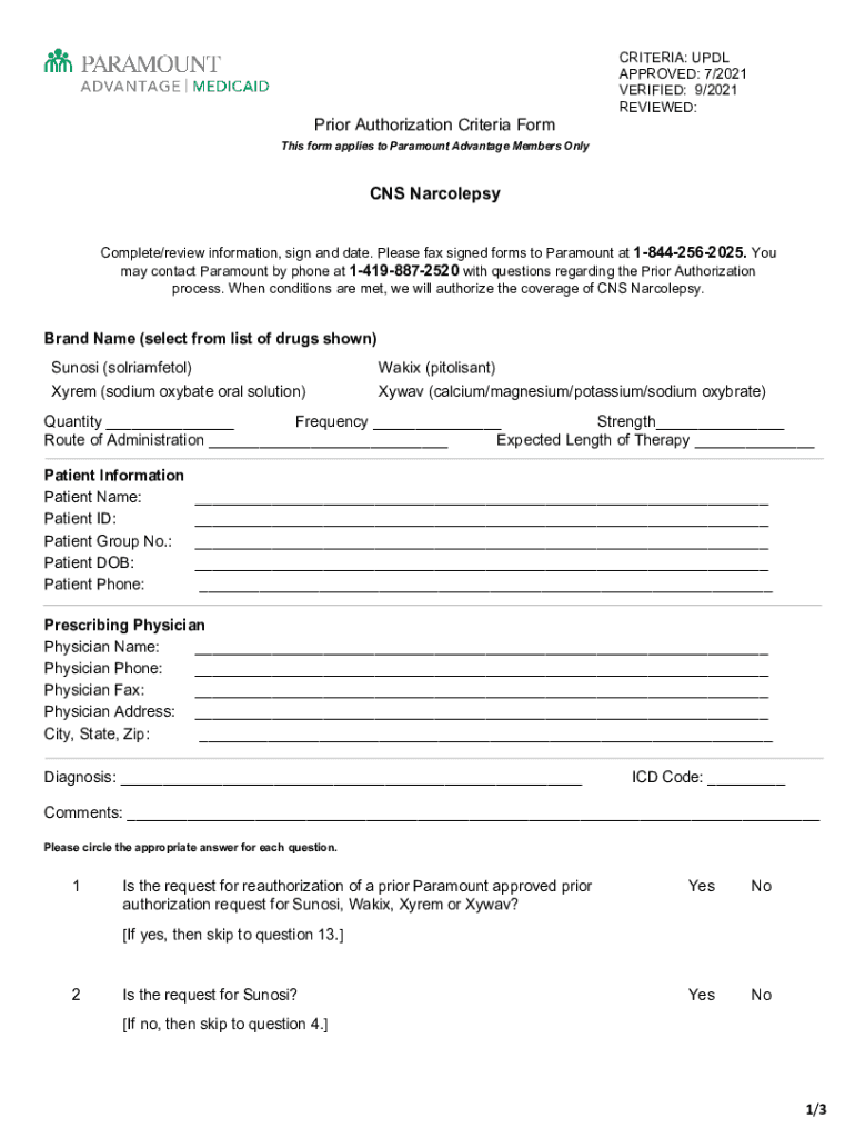 Fillable Online Prior Authorization Criteria Form Wakix - Paramount ...