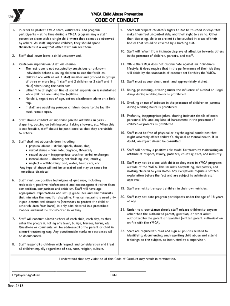 Fillable Online CHILD ABUSE PREVENTION CODE ... - YMCA of the Fox Cities Fax Email Print - pdfFiller