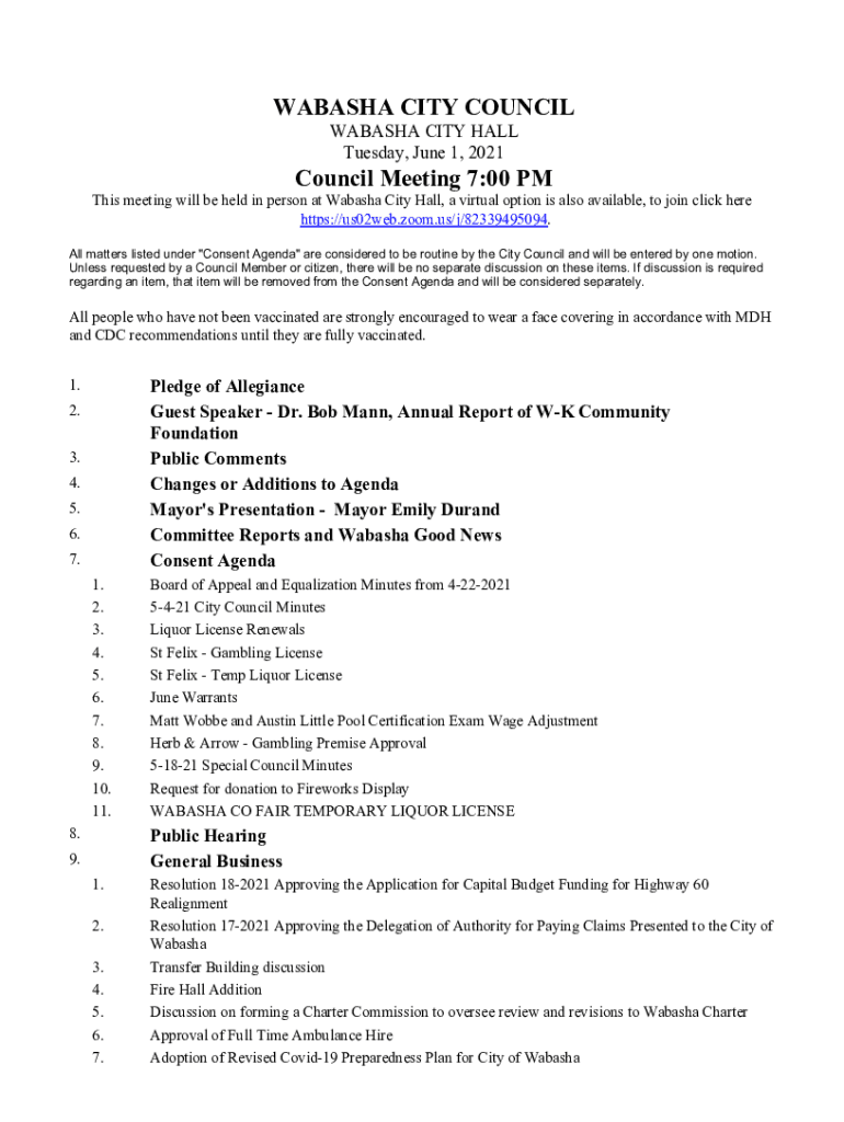 Fillable Online City Council - City of Wabasha Fax Email Print - pdfFiller