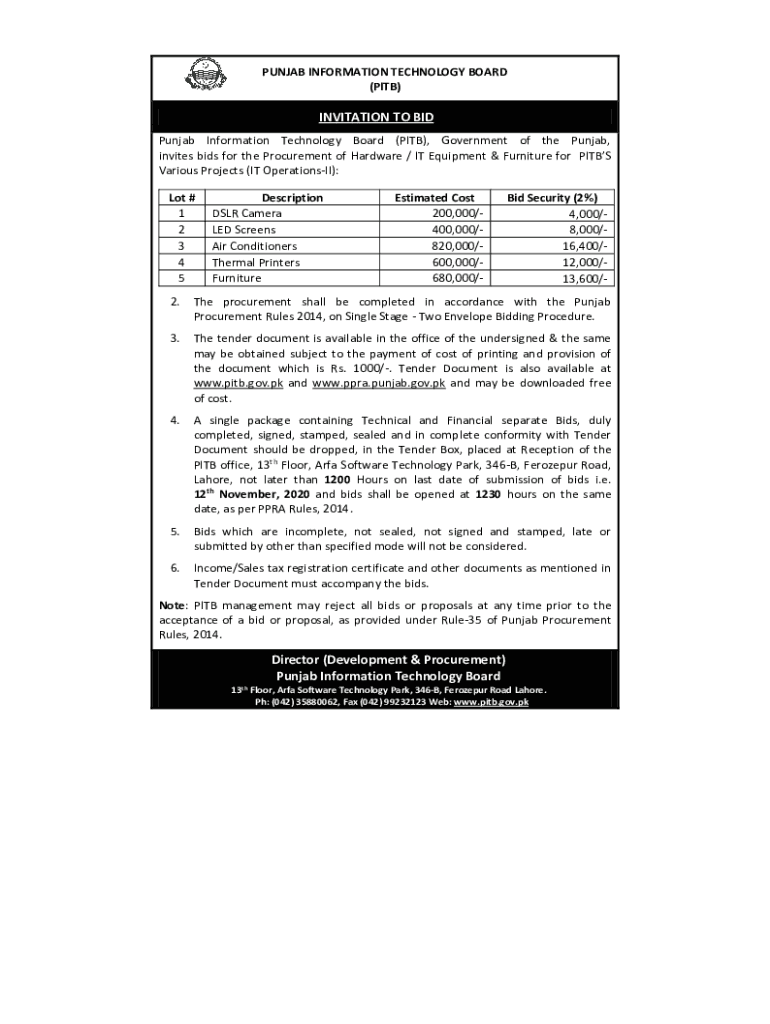 Fillable Online pitb gov PITB Tender Notice for Procurement of Hardware ... Fillable Online pitb gov PITB Tender Notice for Procurement of Hardware ...