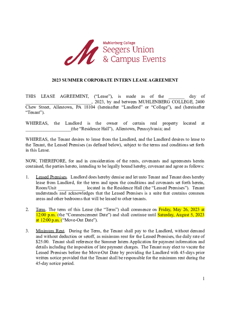 Fillable Online 2023 Sample Summer Corporate Intern Lease Agreement Fax ...